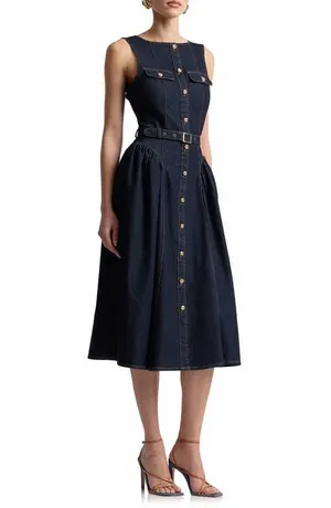 Avec Les Filles Belted Sleeveless Denim Dress