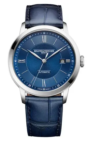Baume & Mercier Classima Automatic Leather Strap Watch - Blue