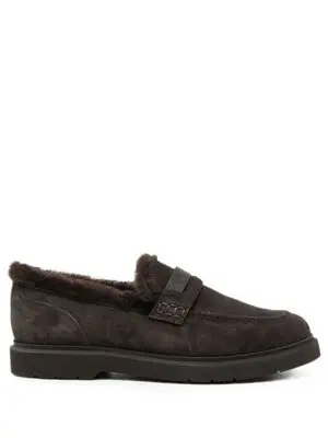 Brunello Cucinelli Penny Loafer In Suede With Shearling Lining And Pre - Brown