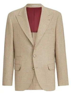 Brunello Cucinelli Single-breasted Checked Cashmere Blend Jacket - Nude & Neutrals