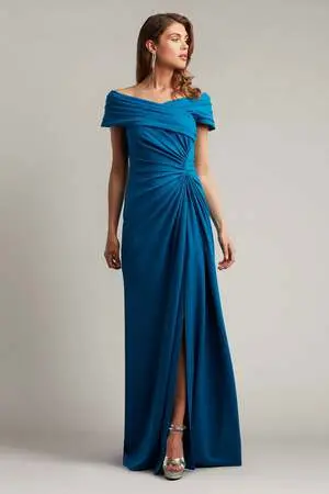 Tadashi Shoji Marion Draped Crepe Gown - Ocean Blue