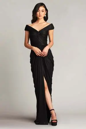Tadashi Shoji Ellery Draped Metallic Jersey Gown - Black