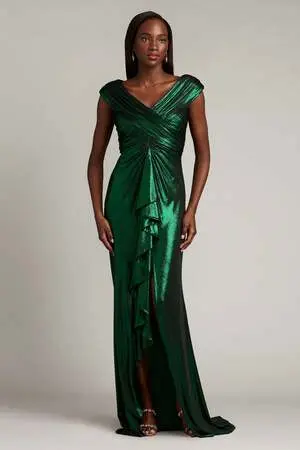 Tadashi Shoji Lucia Draped Metallic Lamé Gown - Pine
