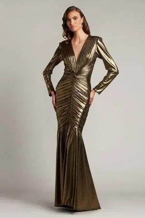 Tadashi Shoji Camellia Metallic Twist Drape Gown - Bronze