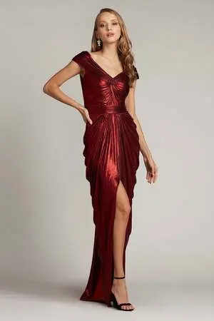 Tadashi Shoji Ellery Draped Metallic Jersey Gown - Lava Red