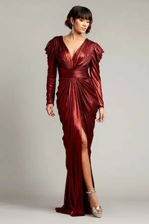 Tadashi Shoji Lava Draped Metallic Lamé Gown - Garnet