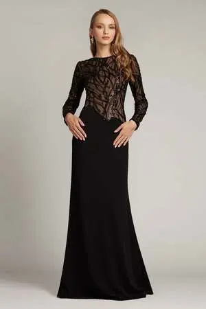 Tadashi Shoji Delphine Beaded Crepe Gown - Black/nude