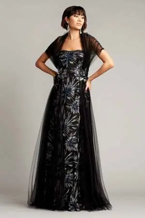 Tadashi Shoji Laverne Tulle Overlay Embroidered Gown - Navy/black