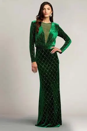 Tadashi Shoji Avi Diamanté Plunge Gown - Pine