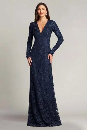 Tadashi Shoji Wilder Long Sleeve Embroidered Gown - Navy