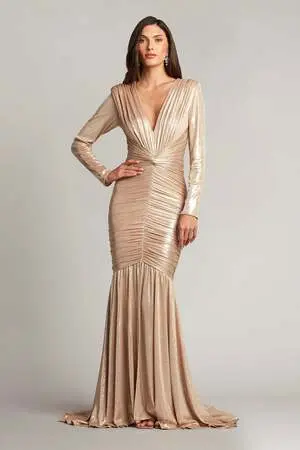Tadashi Shoji Camellia Metallic Twist Drape Gown - Pebble