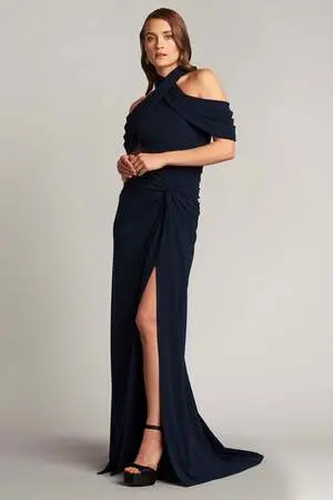 Tadashi Shoji Pruitt Draped Cold-shoulder Gown - Midnight