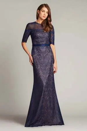 Tadashi Shoji Oden Belted Lace Gown - Navy
