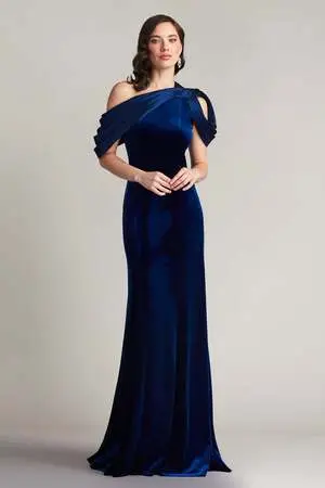 Tadashi Shoji Copley Shoulder Drape Velvet Gown - Navy