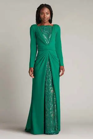 Tadashi Shoji Mariella Plunge Illusion Gown - Bamboo