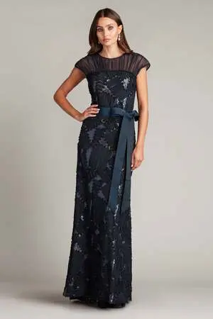 Tadashi Shoji Alma Ribbon Soutache Illusion Gown - Navy/nude
