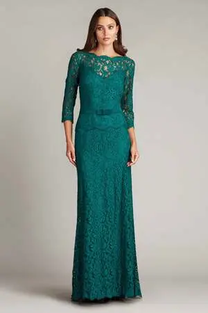 Tadashi Shoji Amberly Belted Lace ¾ Sleeve Gown - Elm