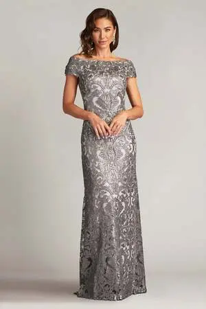 Tadashi Shoji Walsh Sequin Embroidered Tulle Gown - Frost Grey