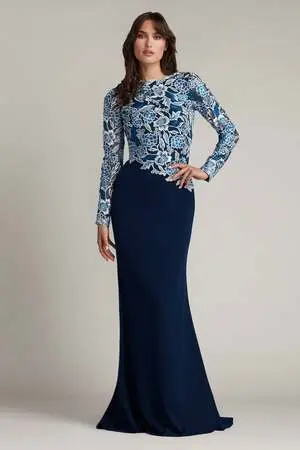 Tadashi Shoji Breece Embroidered Tulle Contrast Gown - Pacific Blue