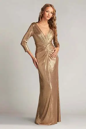 Tadashi Shoji Ryah Metallic Twist Drape Gown - Gold Dust