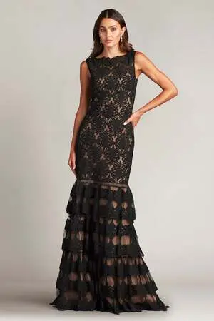 Tadashi Shoji Aniyah Tiered Embroidered Tulle Gown - Black/nude