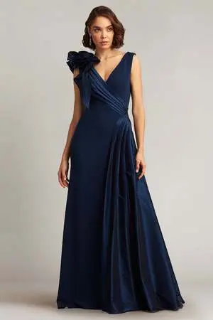 Tadashi Shoji Barlowe Ruffled Shoulder Draped Crepe Gown - Navy