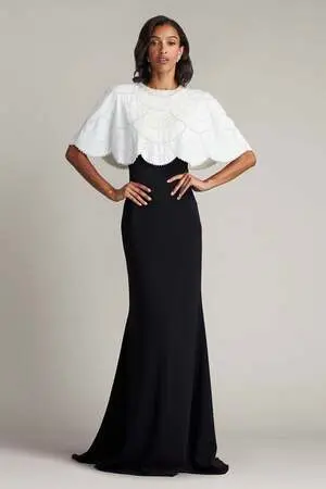 Tadashi Shoji Reba Embellished Cape Overlay Gown - Ivory/black