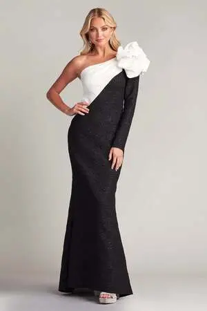 Tadashi Shoji Markey One-shoulder Puff-sleeve Gown - Ivory/black