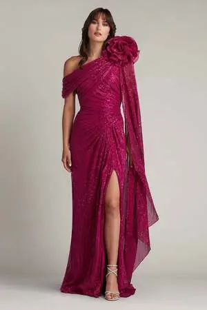 Tadashi Shoji Tadashi Shoji Aveta Sequin Draped Rosette One-Shoulder Gown - Water Lily