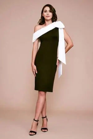 Tadashi Shoji Rigel Crepe One-shoulder Neoprene Dress With Bow Detail - Black/ivory