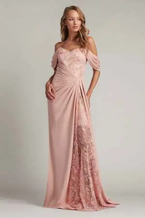 Tadashi Shoji Pilat Draped Bead Embroidered Gown - Pale Pink