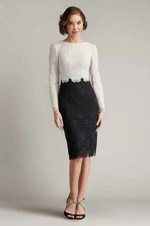 Tadashi Shoji Alford Reverse V-neck Embroidered Tulle Dress - Ivory/black