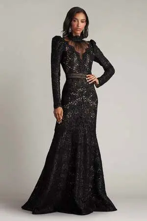 Tadashi Shoji Enzo Sequin Embroidered High Neck Illusion Gown - Black/nude