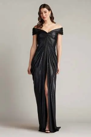 Tadashi Shoji Hera Pleated Lamé Gown - Titanium
