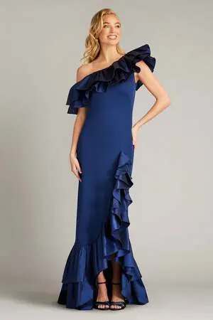 Tadashi Shoji Bala Ruffle Trim Gown - Navy