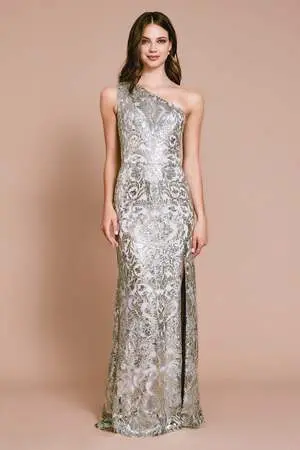 Tadashi Shoji One-shoulder Paillette-embroidered Gown With Slit