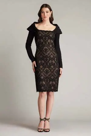 Tadashi Shoji Arna Embroidered Portrait Collar Dress - Black/nude