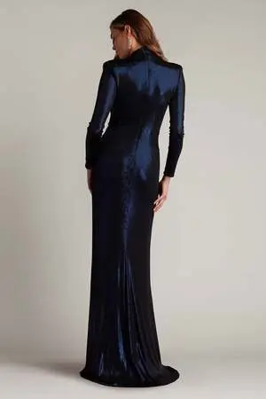 Tadashi Shoji Metallic Twist Drape Gown