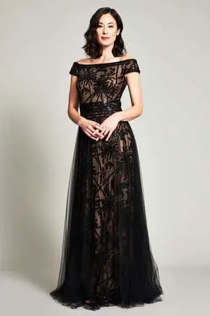 Tadashi Shoji Saeko Shimmering Tulle Gown - Black/nude