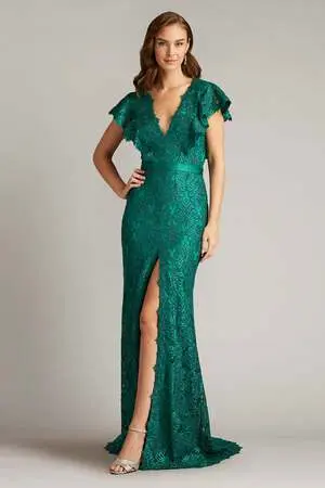 Tadashi Shoji Keck Sequin Embroidered Flutter Sleeve Gown - Pine