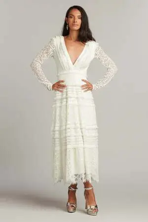 Tadashi Shoji Clio Lace & Fringe Long Sleeve Midi Dress - Ivory
