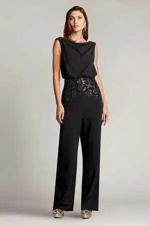 Tadashi Shoji Crepe Jumpsuit With Embroidered Tulle Waist - Black