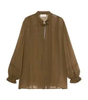 Marina Rinaldi Silk Tie-neck Blouse - Brown