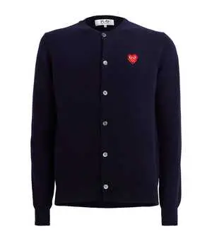 Play Comme Des Garcon Wool Rhinestone Heart Logo Cardigan - Navy
