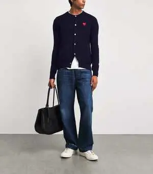 Play Comme Des Garcon Wool Rhinestone Heart Logo Cardigan - Navy