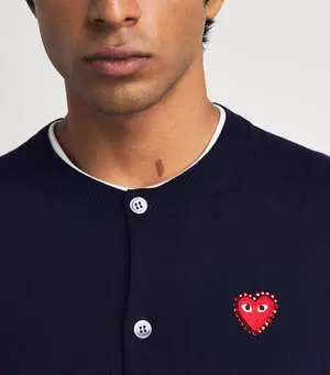 Play Comme Des Garcon Wool Rhinestone Heart Logo Cardigan - Navy