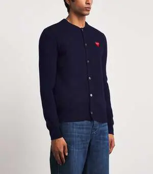 Play Comme Des Garcon Wool Rhinestone Heart Logo Cardigan - Navy