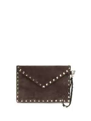 Valentino Garavani Medium Rockstud Suede Clutch - Brown