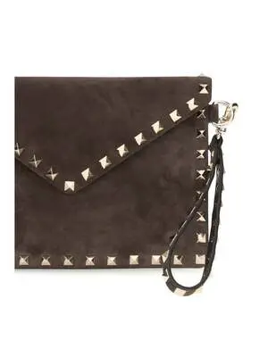 Valentino Garavani Medium Rockstud Suede Clutch - Brown