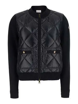 Moncler Black Crew Neck Cardigan With Logo Patch On The Sleeve In Tech Fabric And Fabric For - Multicolor